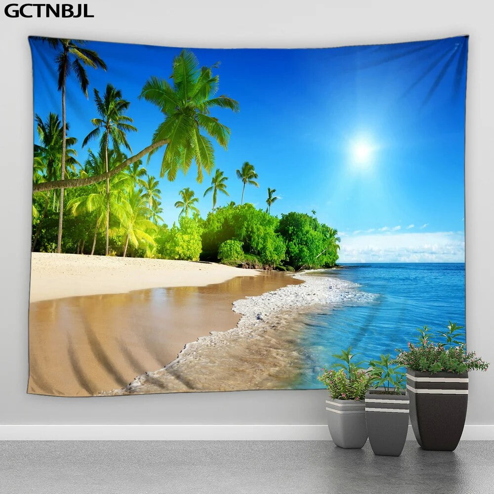 Beach Landscape Big Tapestry Sea Sailing Dolphin Green Palm Tree Hippie ...