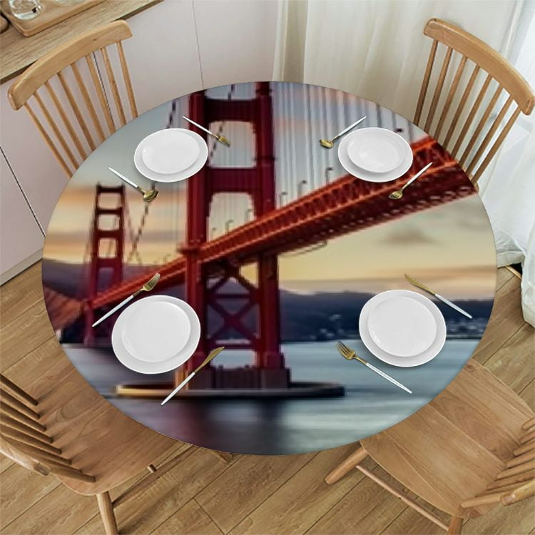 Beach Landscape Fitted Tablecloth Round Elastic Table Cover, Urban ...
