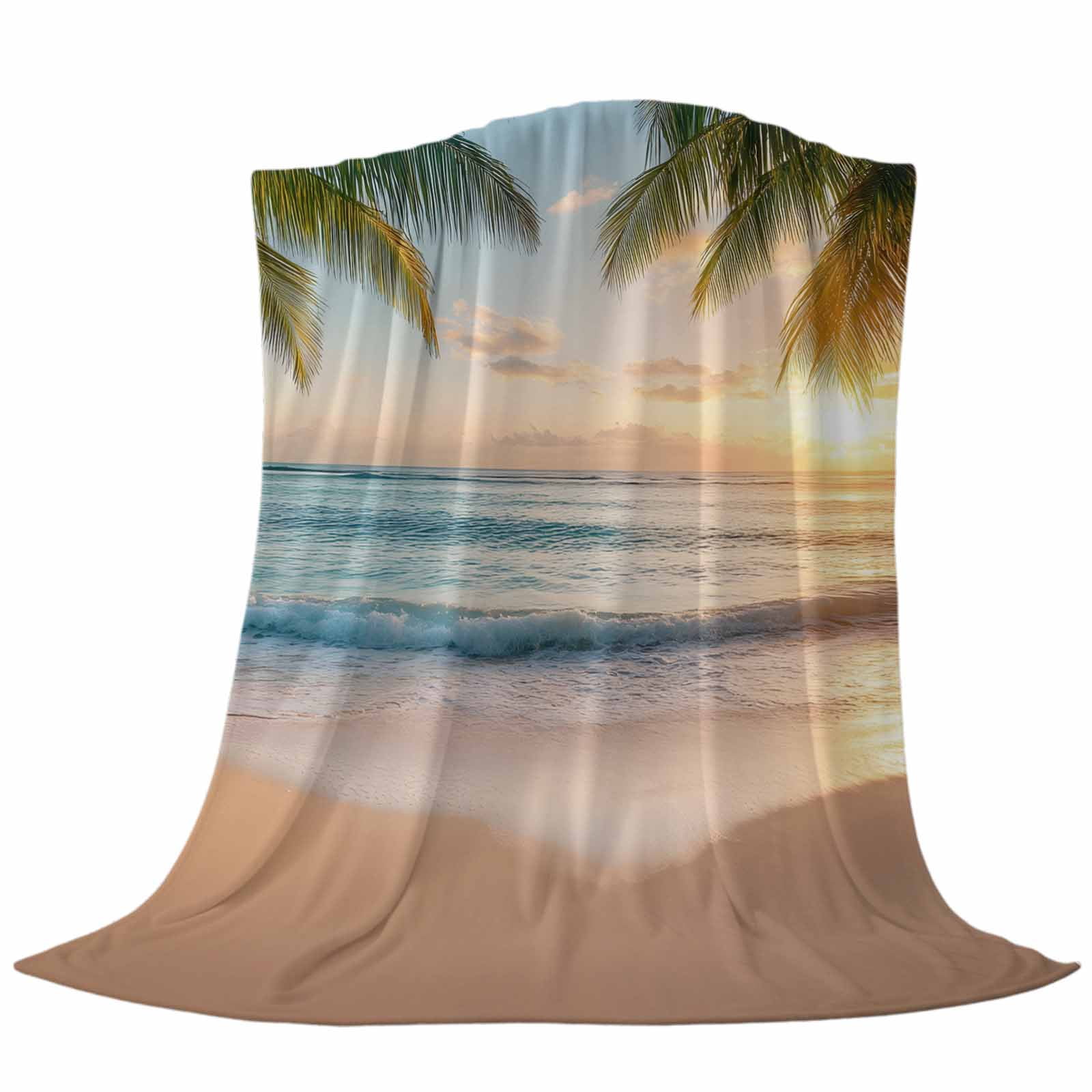 Beach Landscape Fleece Throw Blanket Lightweight Coastal Green Palm ...