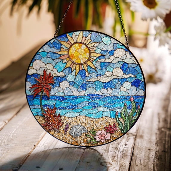 Beach Landscape Glass Suncatcher, Ocean Sun Clouds Palm Trees, 3.5 in ...