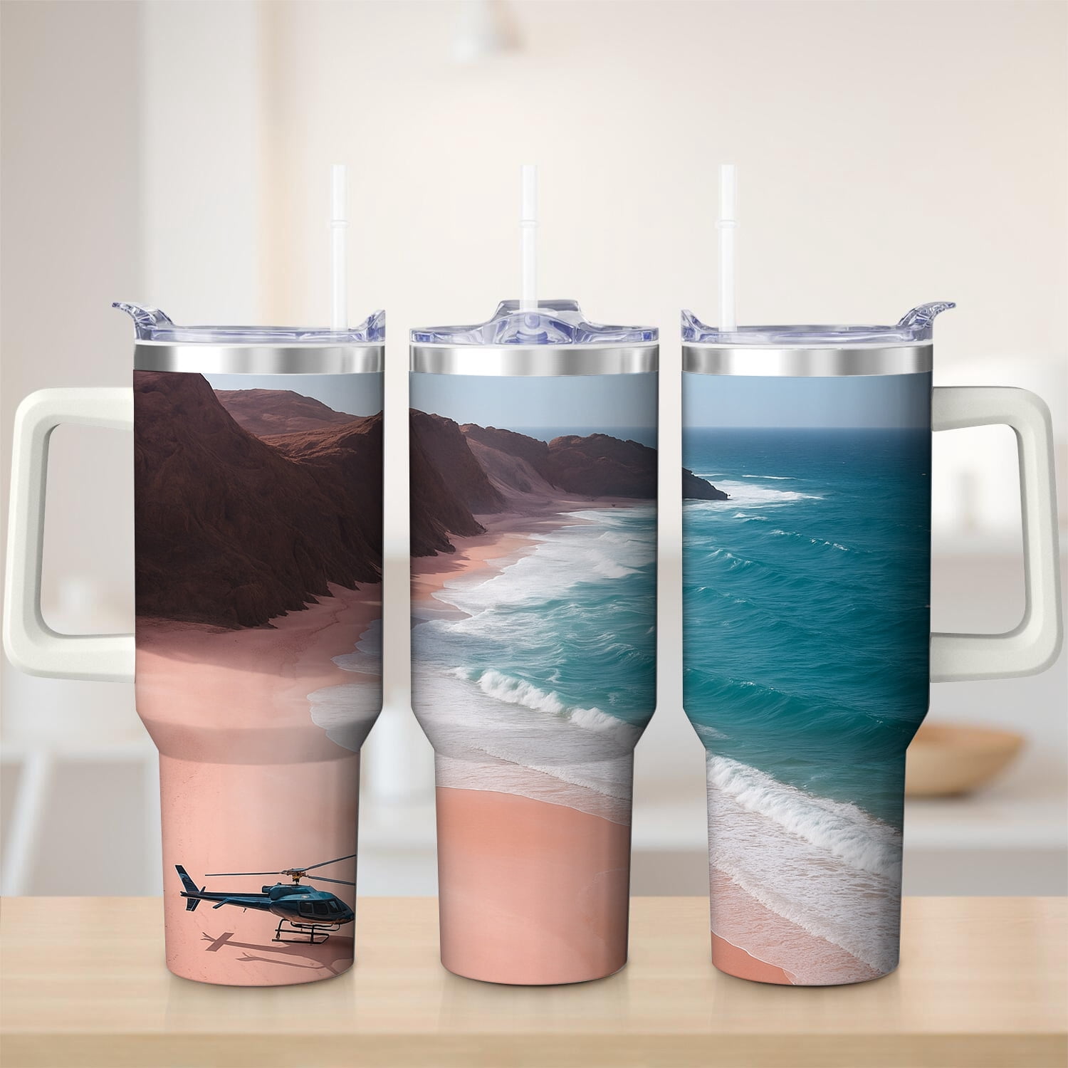 Beach Landscape Helicopter Stainless Steel Insulated Mug with Lid and ...