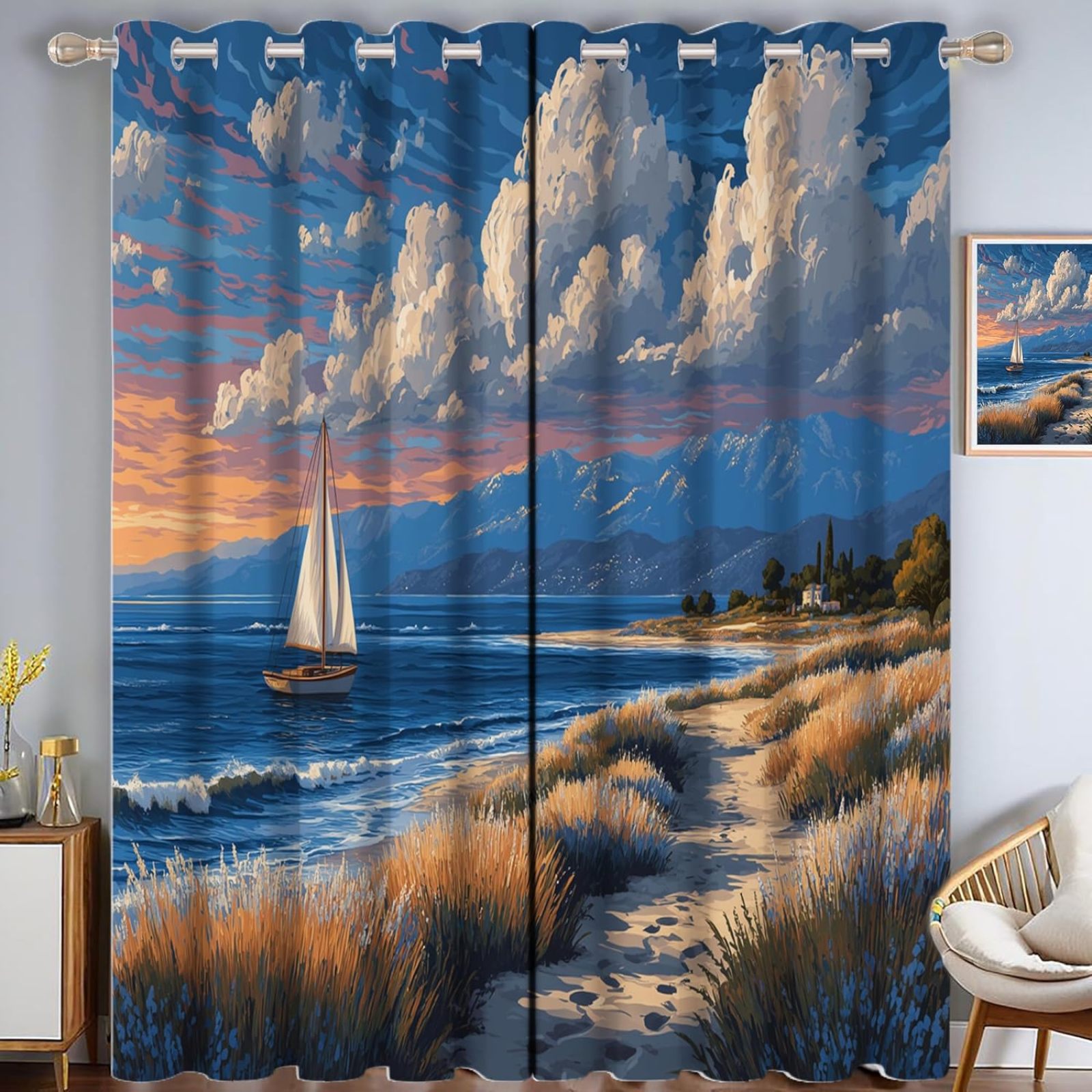 Beach Landscape Painting Blackout Curtains 2 Panels For Bedroom Living ...