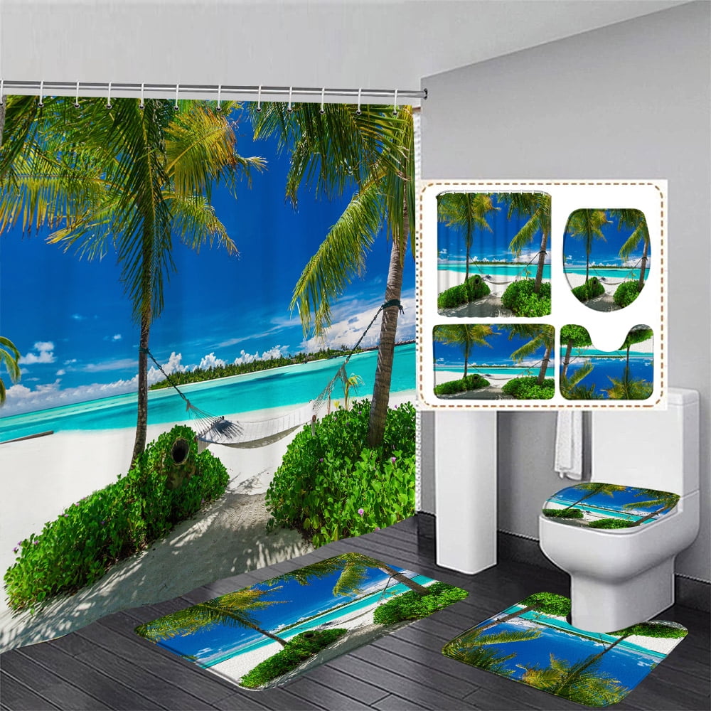 Beach Landscape Shower Curtain Set Coconut Trees Hawaiian Ocean Scenery ...