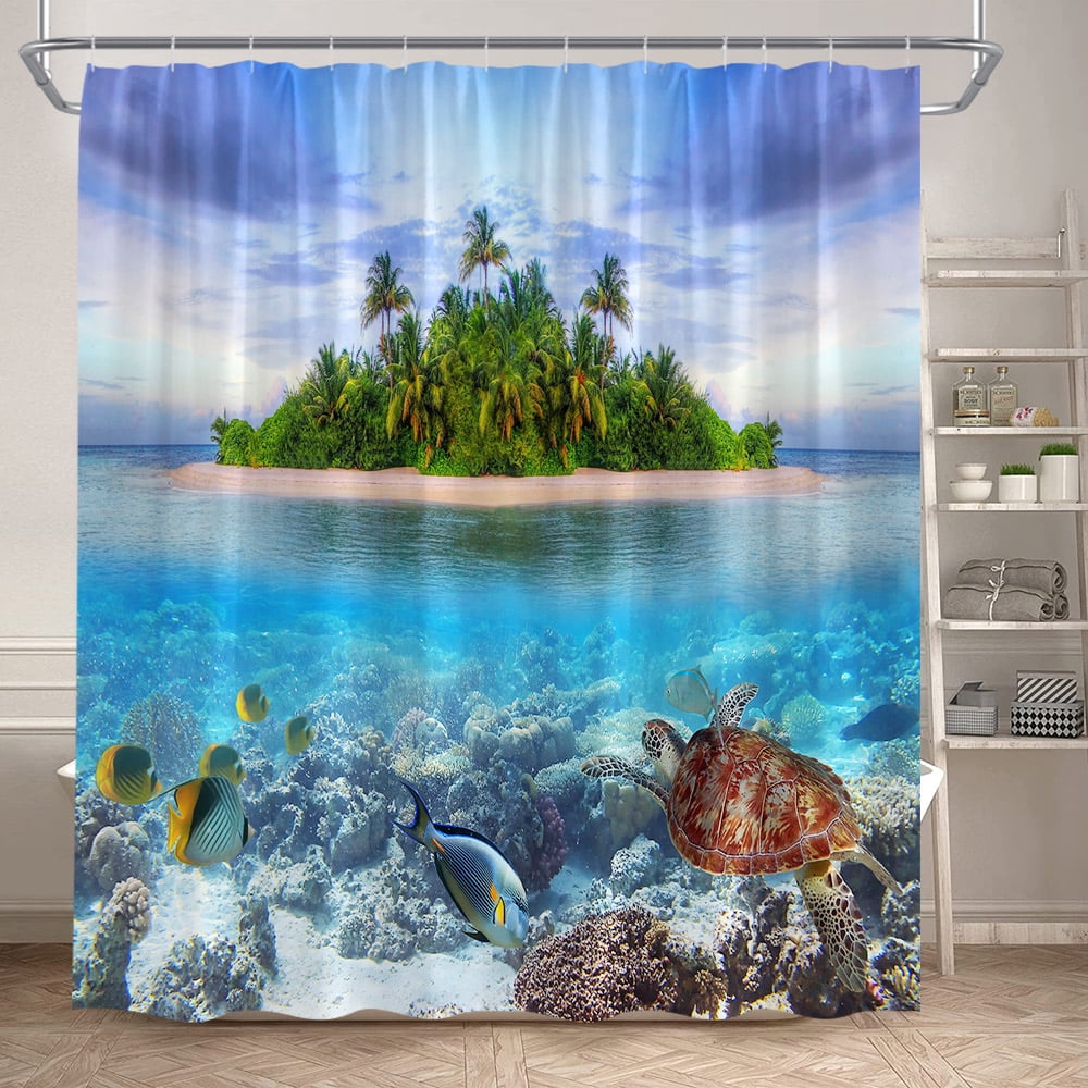 Beach Landscape Shower Curtain Set Coconut Trees Hawaiian Ocean Scenery ...