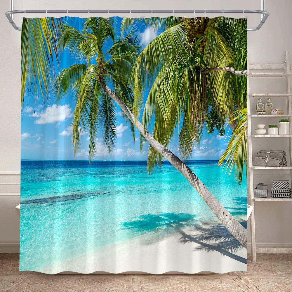 Beach Landscape Shower Curtain Set Coconut Trees Hawaiian Ocean Scenery ...