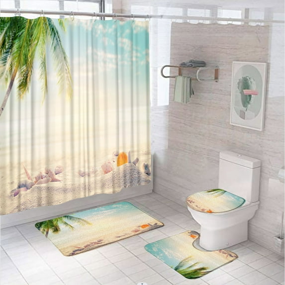 Beach Landscape Window Shower Curtain Sets Ocean Sea Boat Scenery ...