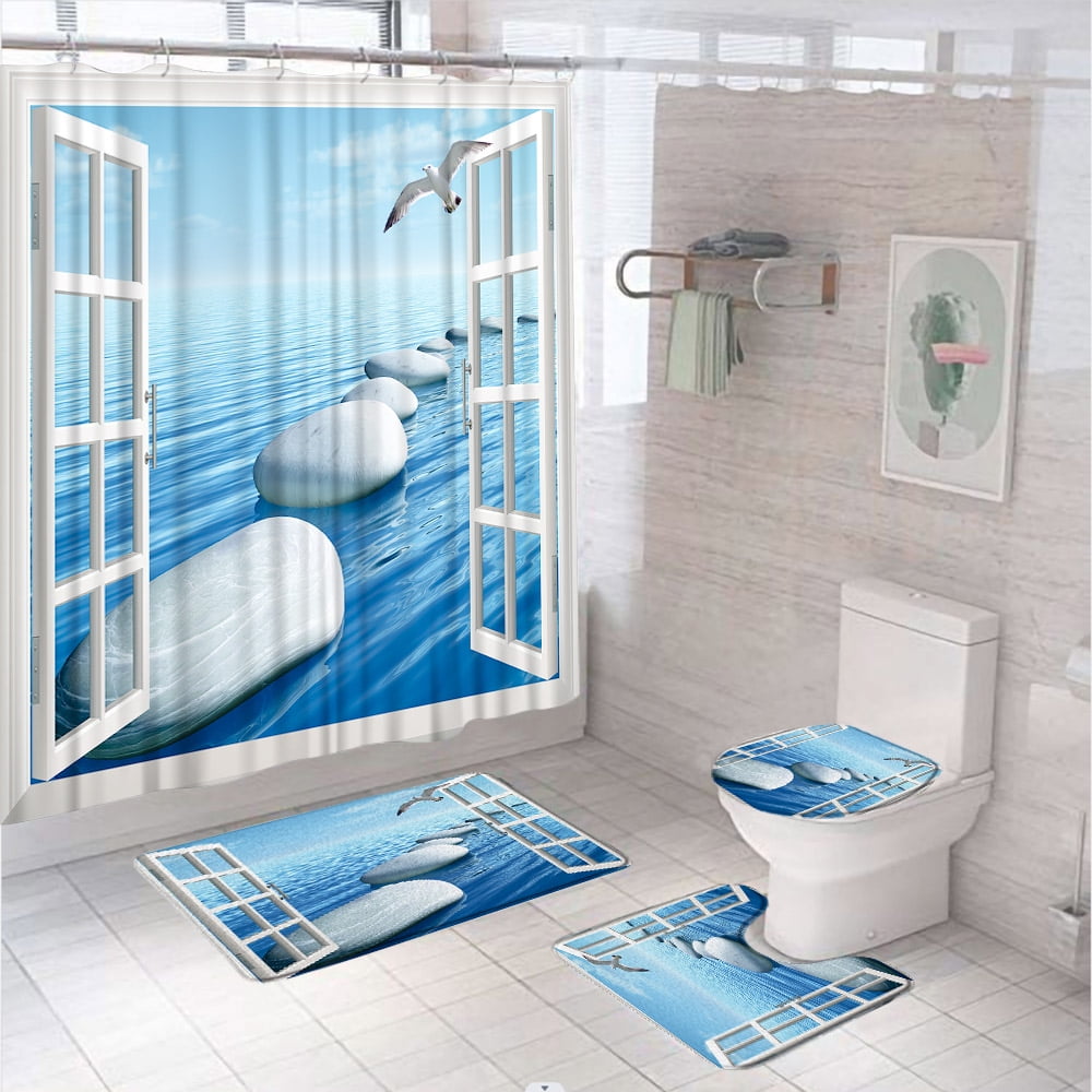 Beach Landscape Window Shower Curtain Sets Ocean Sea Boat Scenery ...
