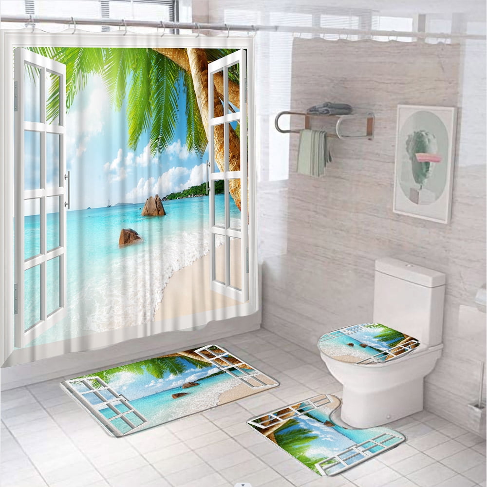 Beach Landscape Window Shower Curtain Sets Ocean Sea Boat Scenery ...