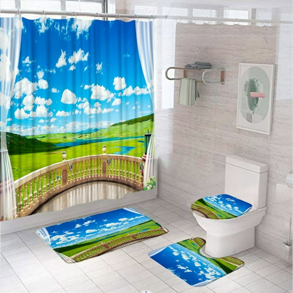 Beach Landscape Window Shower Curtain Sets Ocean Sea Boat Scenery ...