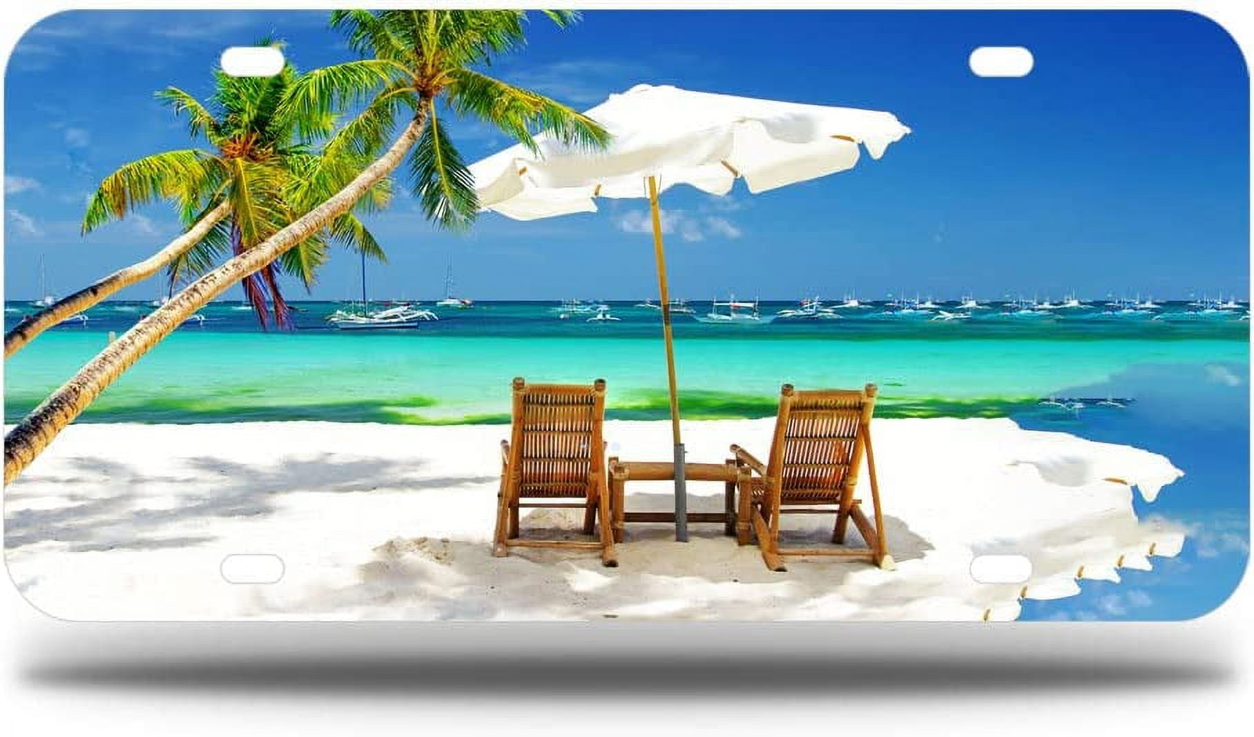 Beach License Plate, Relaxing Scene with Sea Palm Tree Chairs and Boats ...
