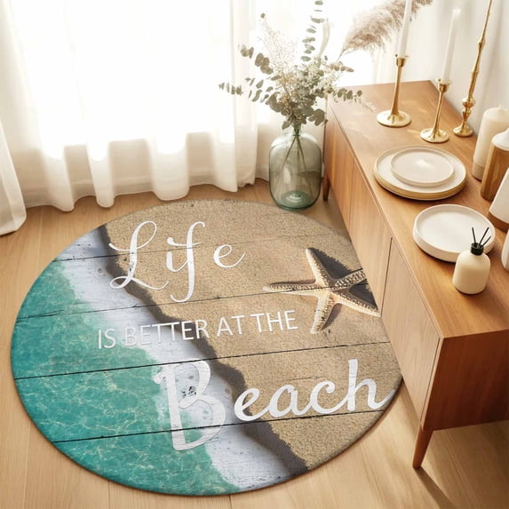 Beach Life Seaside Starfish Sea Water Round Rug 3ft Sand Coastal ...