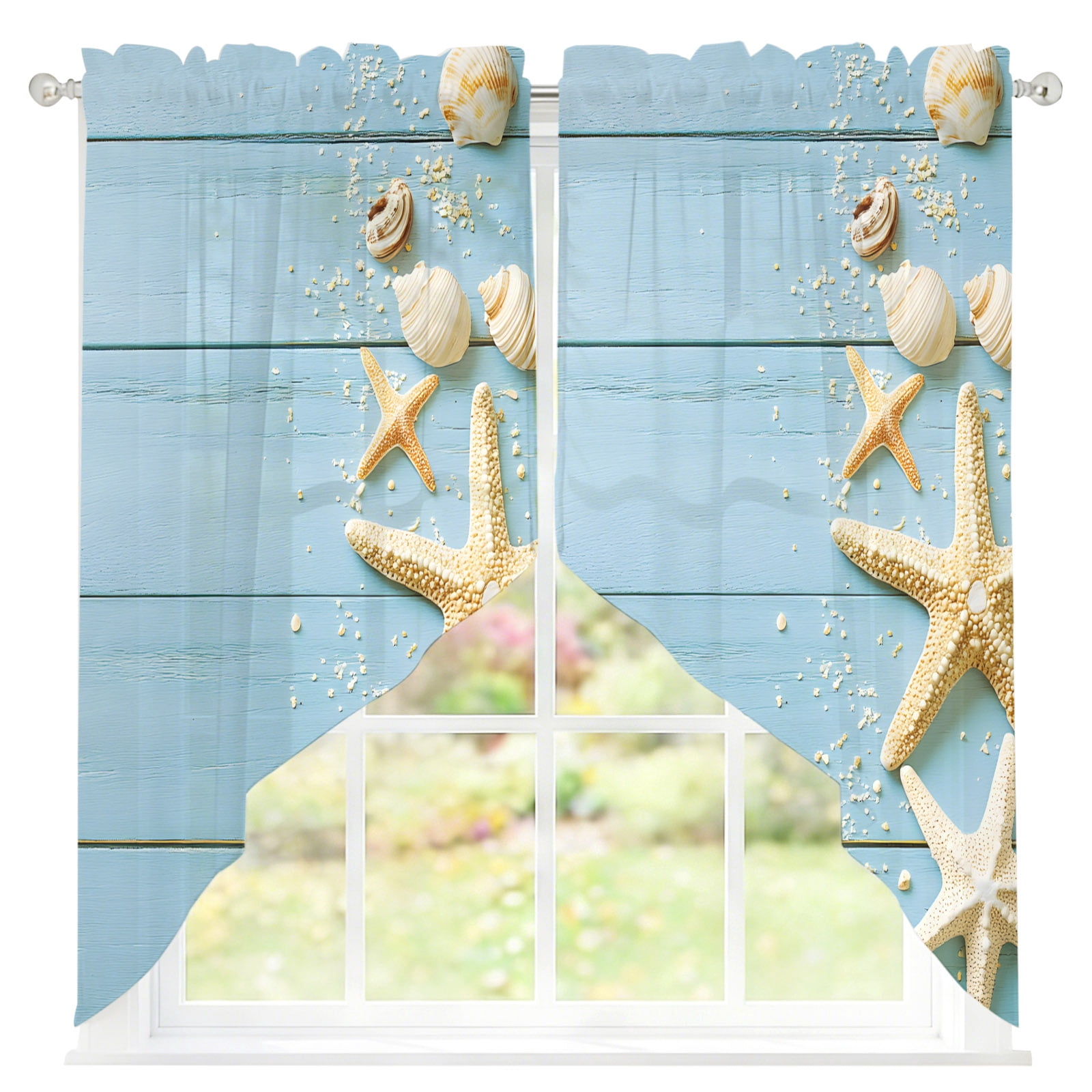 Beach Light Blue Sheer Curtains Swag Valances for Windows Rustic Ocean ...