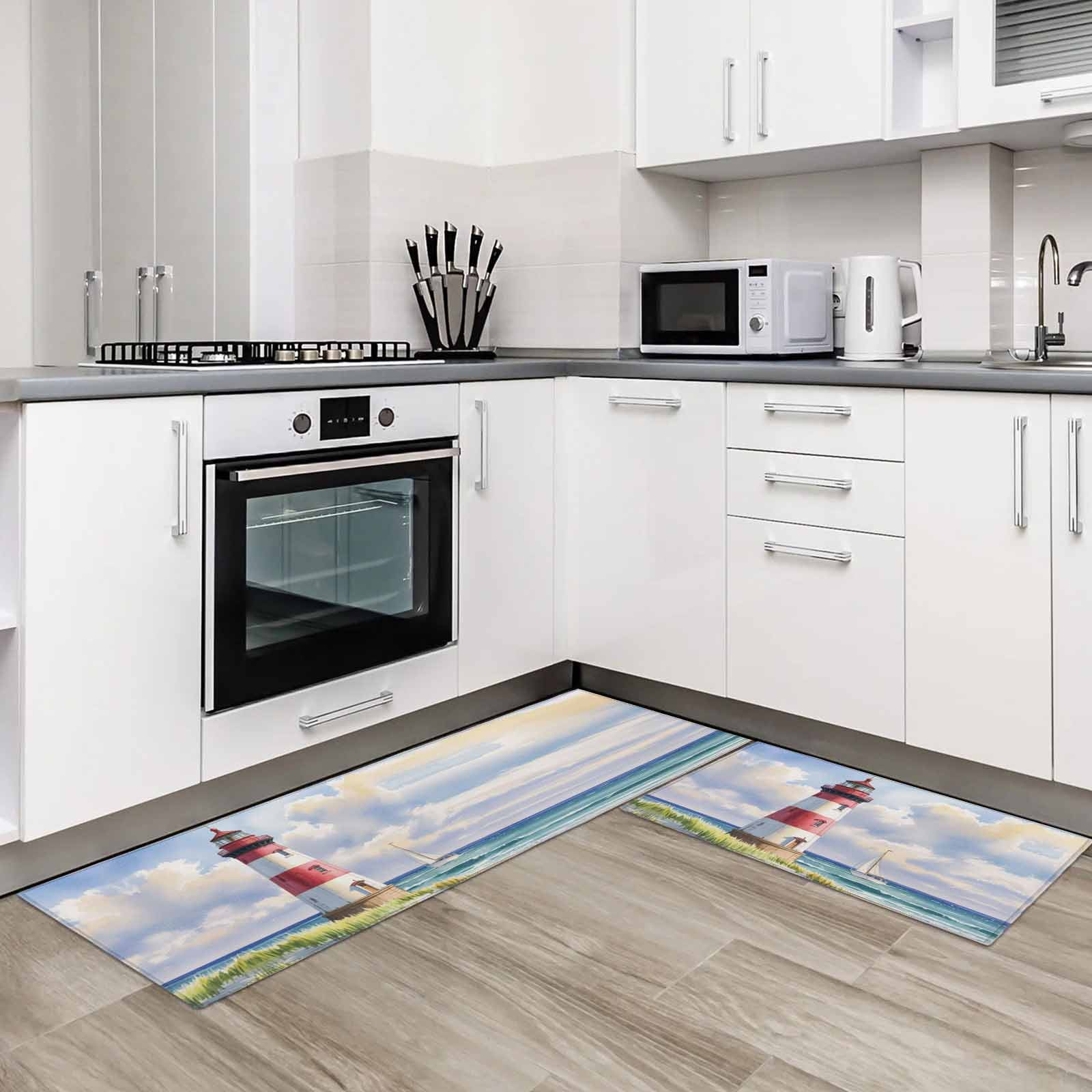 Beach Lighthouse 2 Pieces Non-Slip Kitchen Mat Set Coastal Ocean Ship ...