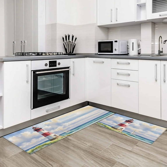 Beach Lighthouse 2 Pieces Non-Slip Kitchen Mat Set Coastal Ocean Ship ...
