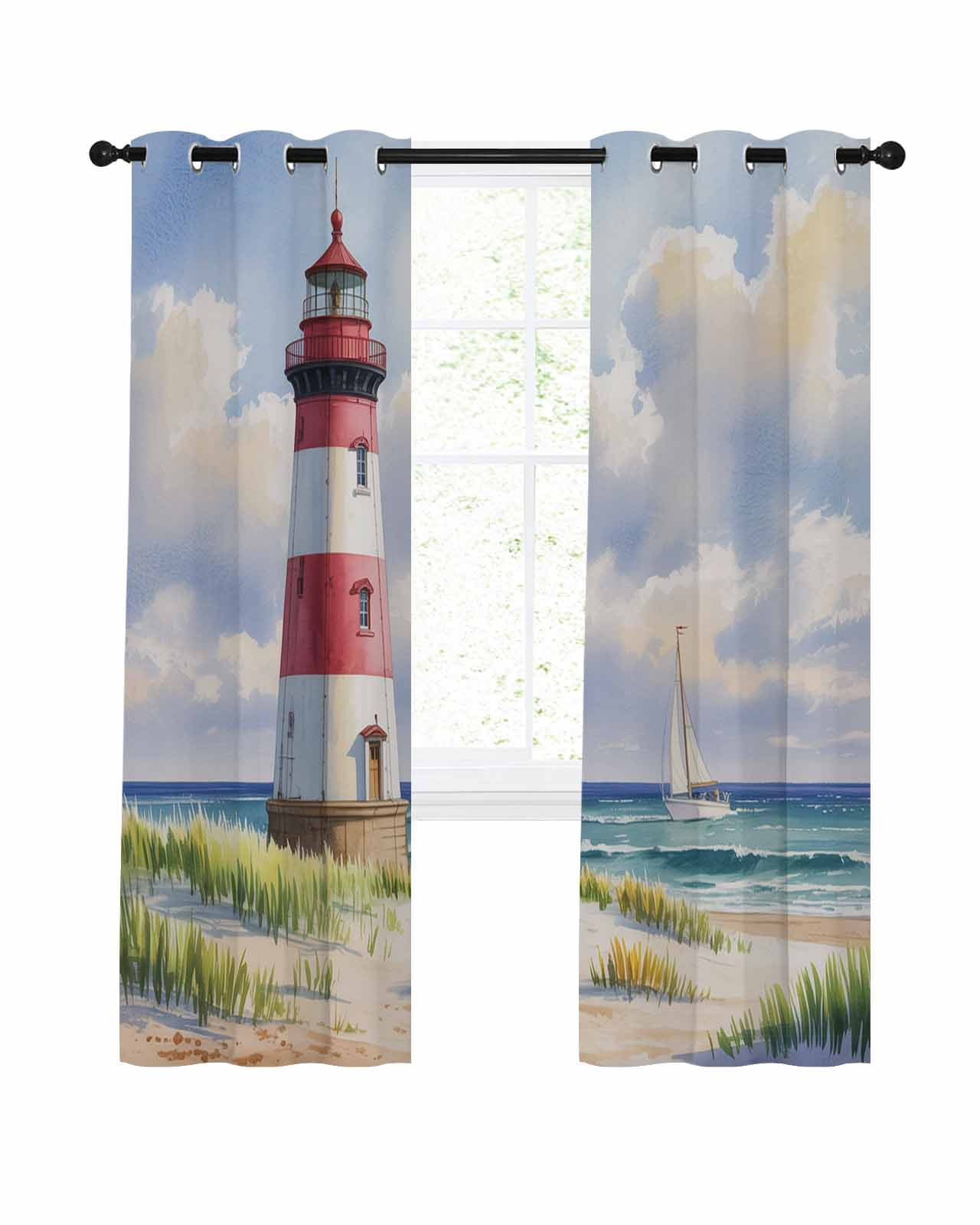 Beach Lighthouse Blackout Curtains 63 Inches Long for Bedroom, Coastal ...