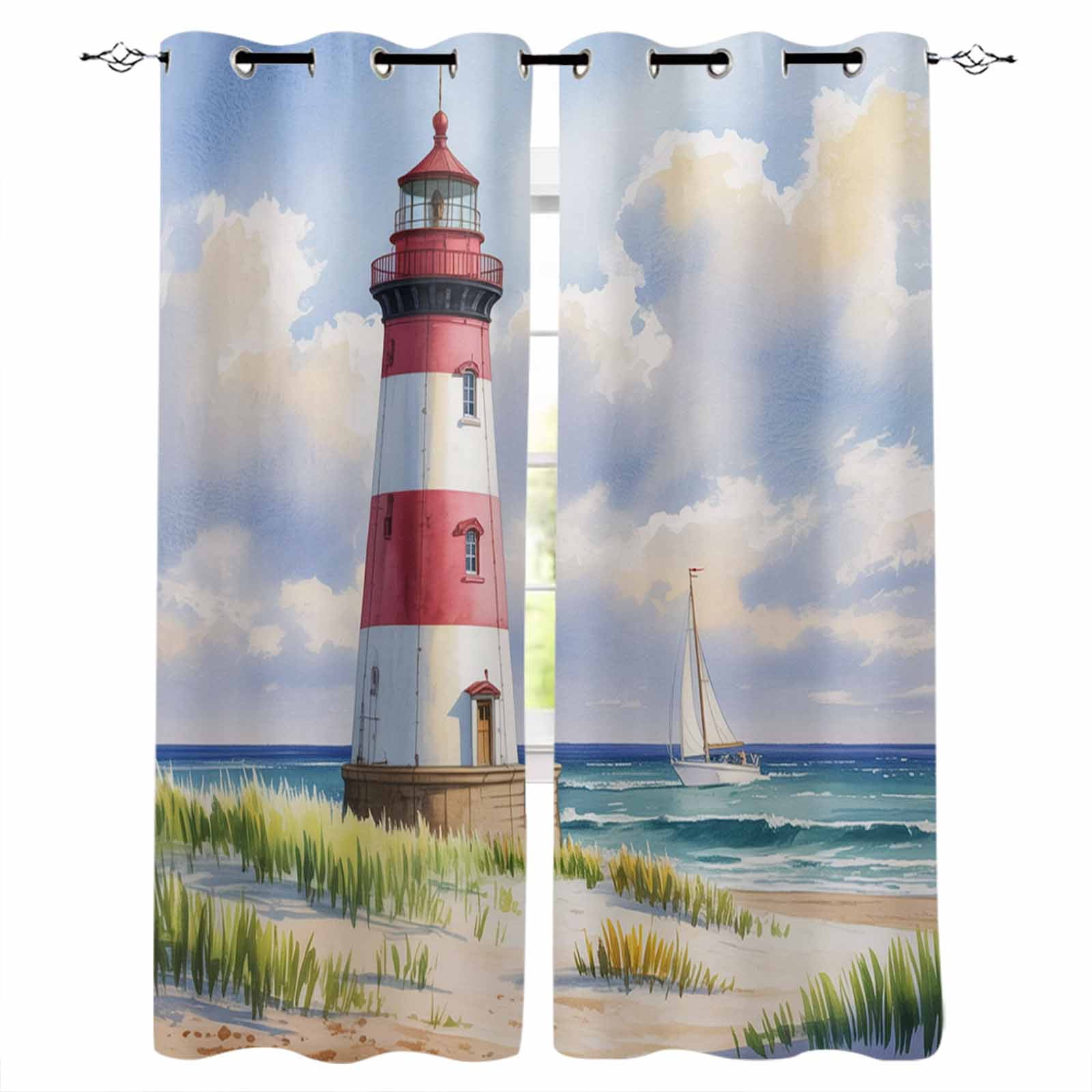 Beach Lighthouse Blackout Curtains for Bedroom Living Room Darkening ...
