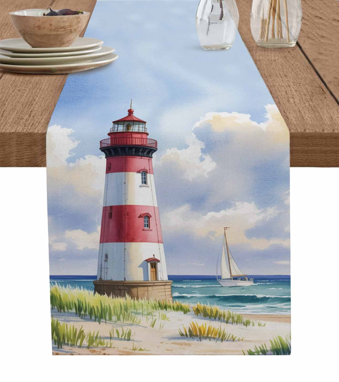 Beach Lighthouse Burlap Cotton Table Runner 13x90 Inches Long, Coastal ...
