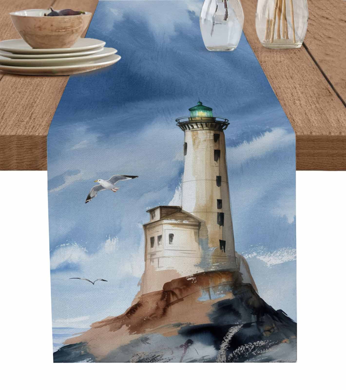 Beach Lighthouse Burlap Cotton Table Runner 16x72 Inches Long, Coastal ...