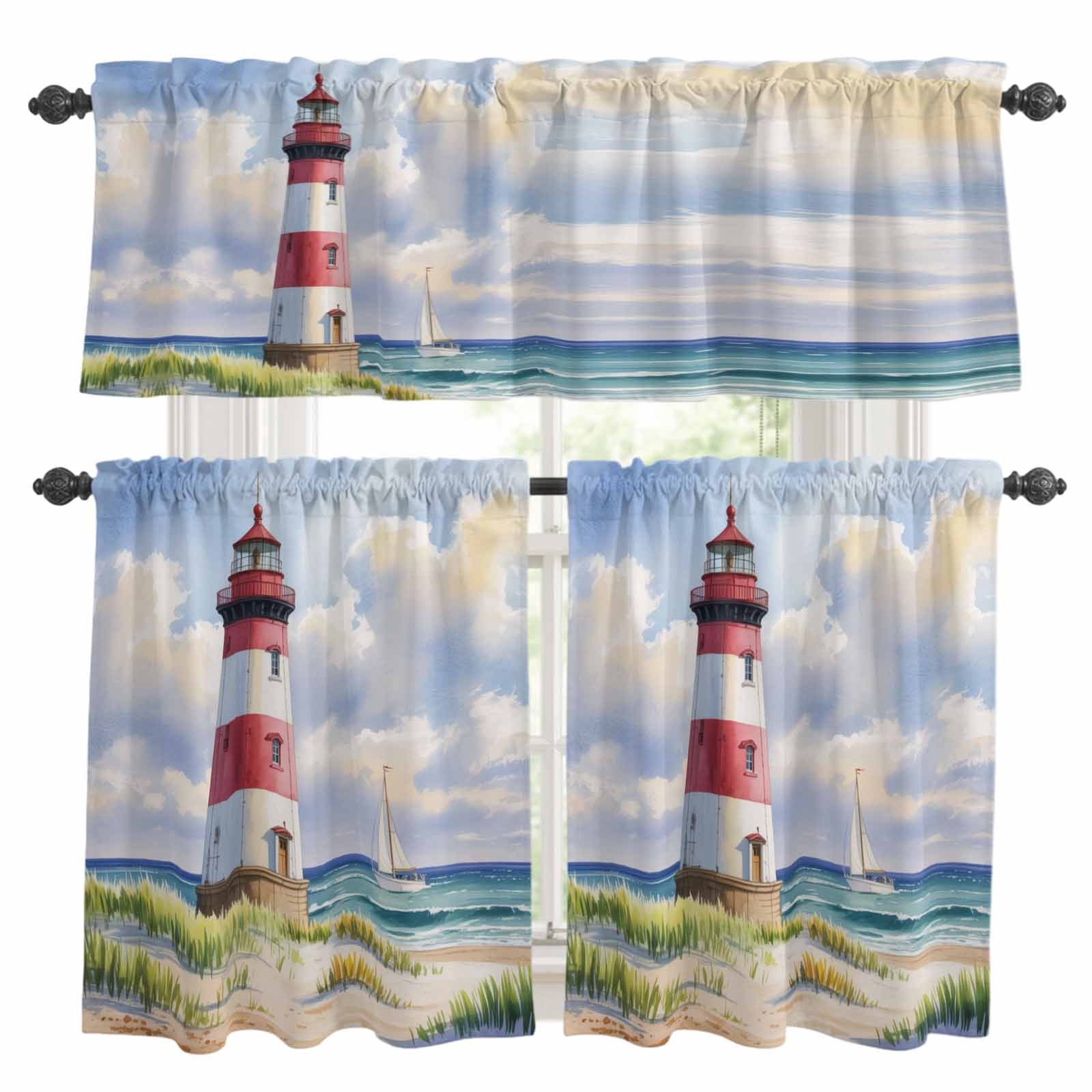 Beach Lighthouse Kitchen Curtains, Kitchen Curtains and Valances Set of ...