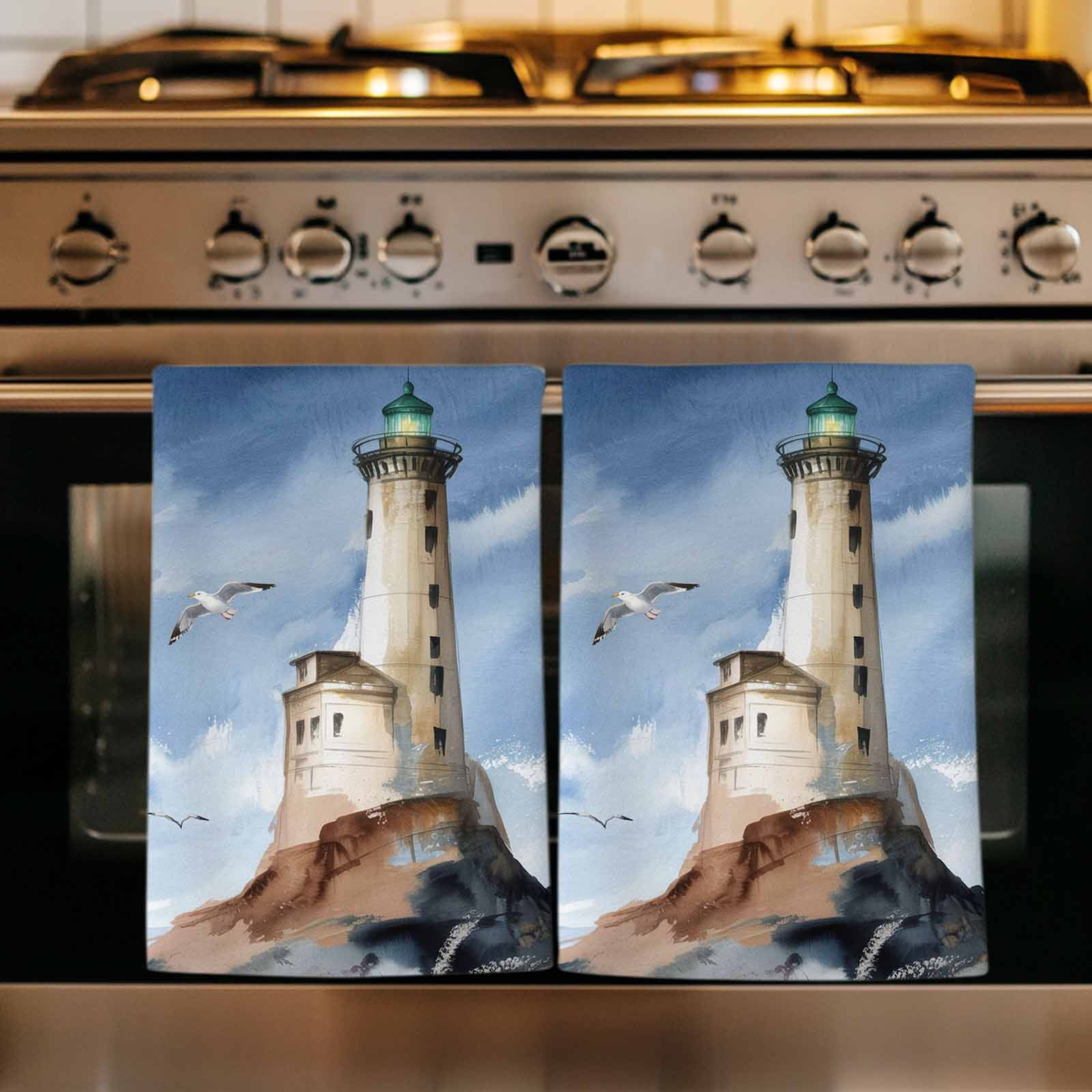 Beach Lighthouse Kitchen Towels Set of 1, Coastal Ocean Sky Birds Oil ...