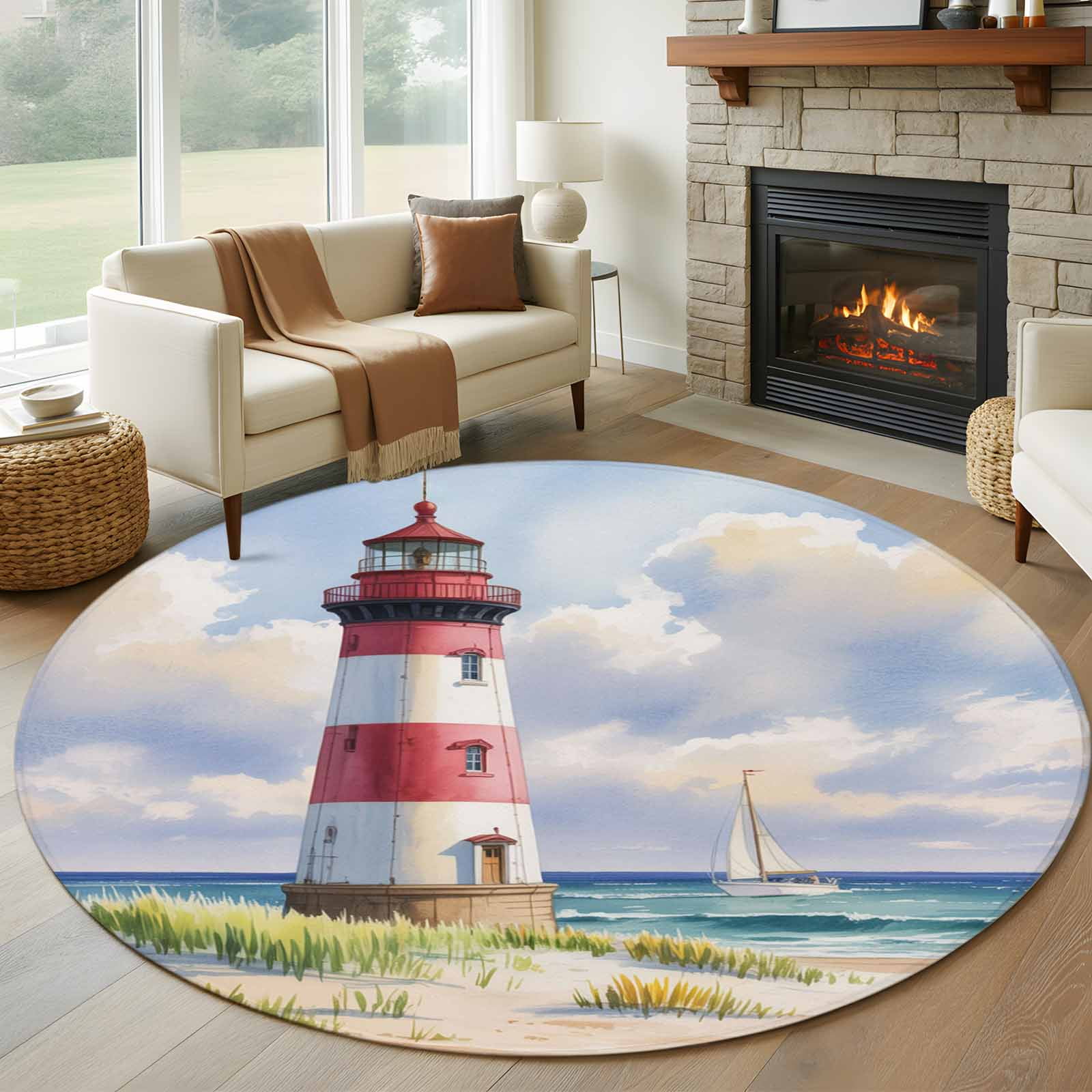 Beach Lighthouse Round Rug 5ft Washable Circle Kitchen Rugs Non Slip ...
