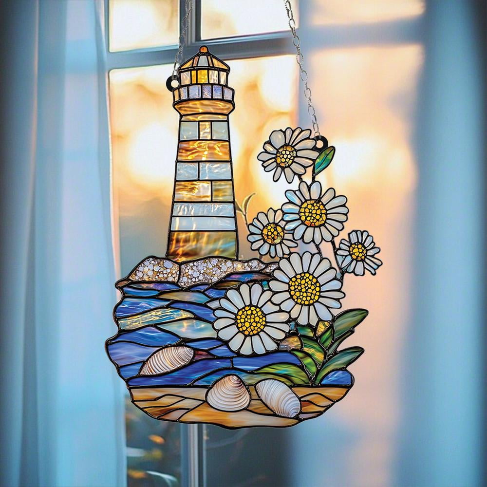 Beach Lighthouse Suncatcher with Daisies and Shells, Faux Stained Glass ...