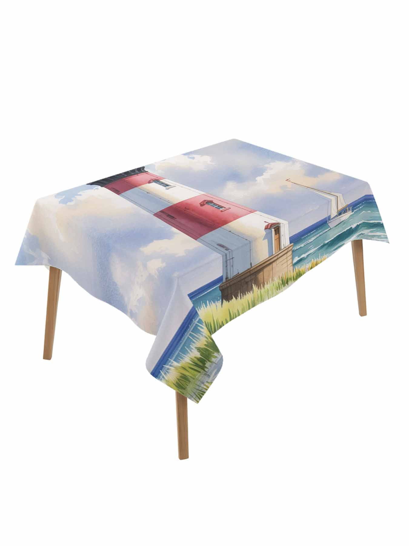 Beach Lighthouse Table Cloth, Coastal Ocean Ship Sky Oil Painting ...