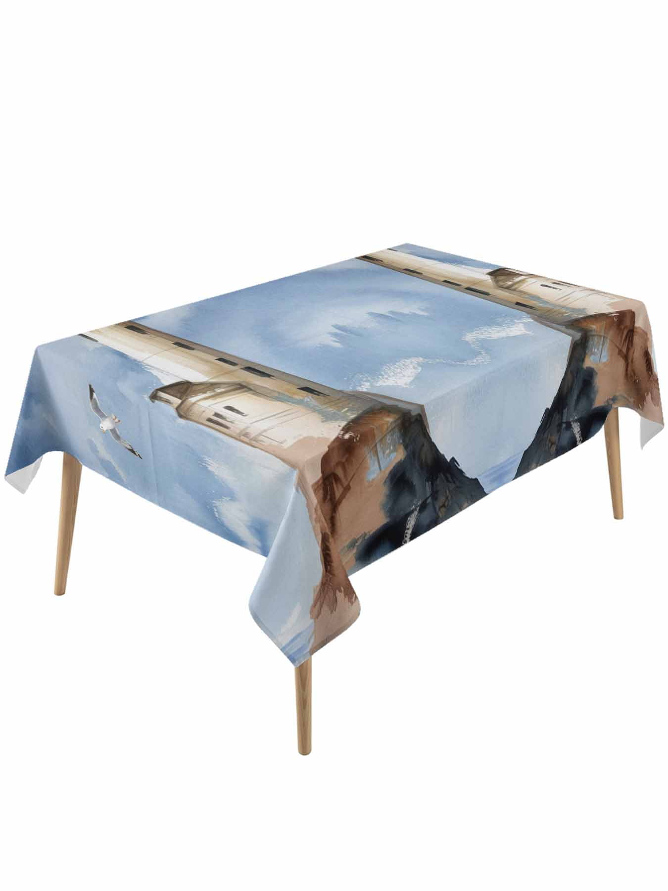 Beach Lighthouse Table Cloth, Coastal Ocean Sky Birds Oil Painting ...