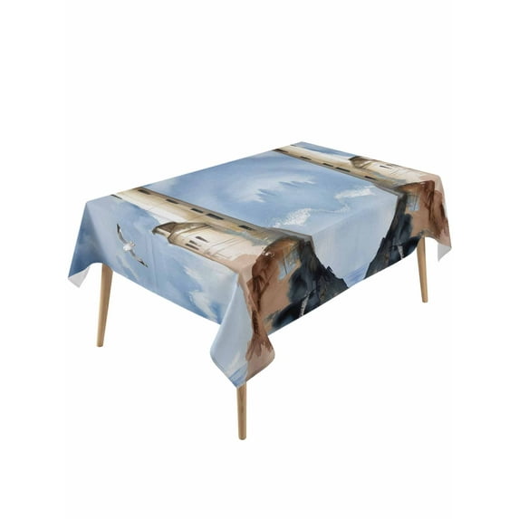 Beach Lighthouse Table Cloth, Coastal Ocean Sky Birds Oil Painting ...