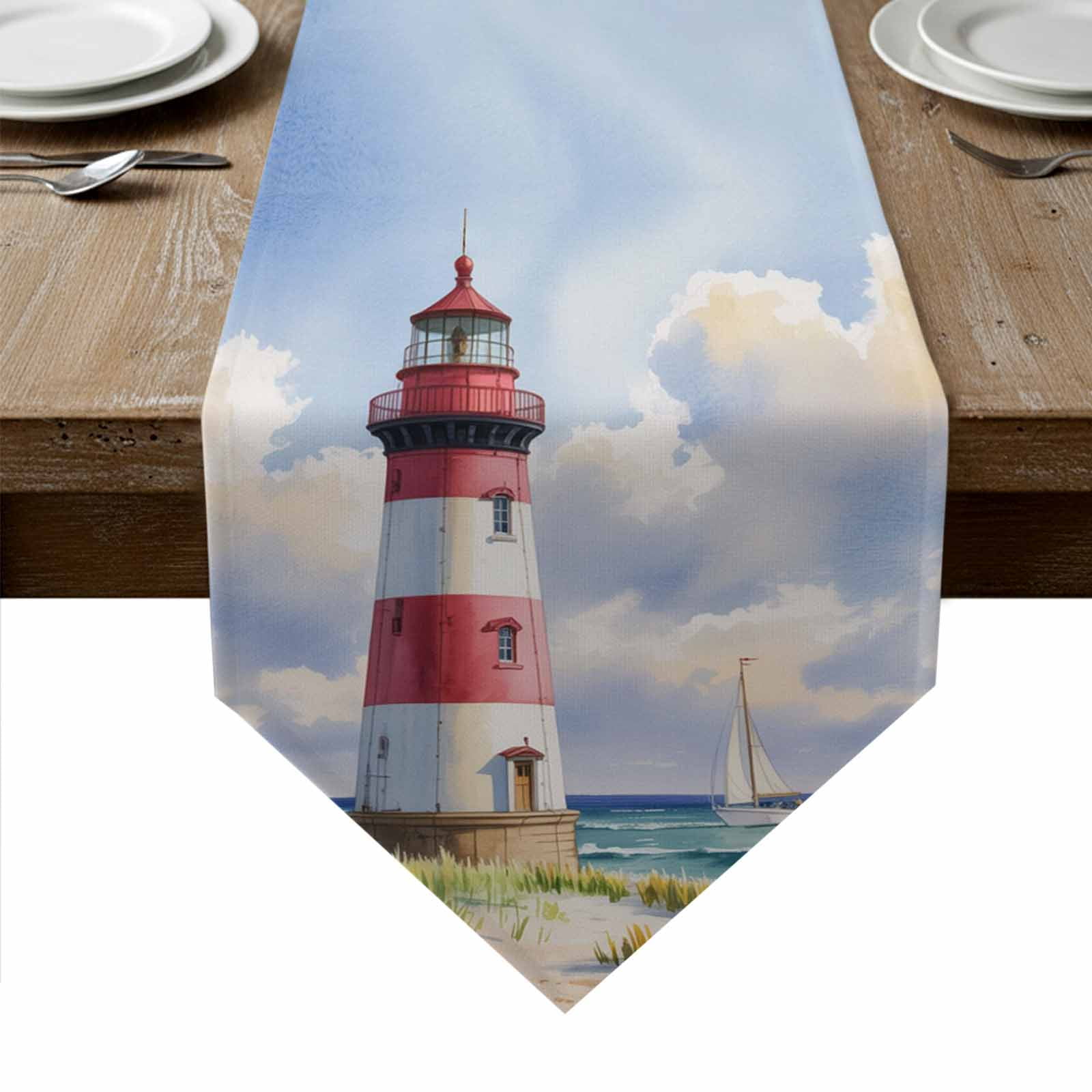 Beach Lighthouse Table Runner Linen Burlap Table Runner 72 Inches Long ...