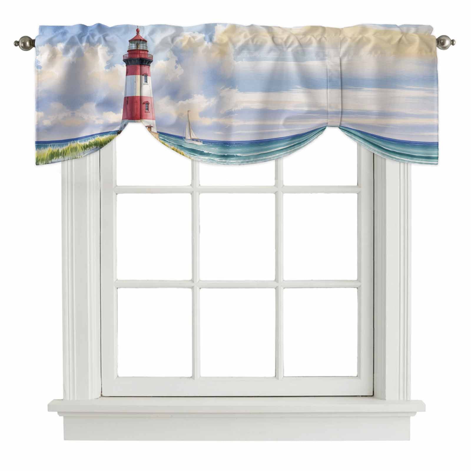 Beach Lighthouse Tie Up Valance Curtains for Windows, Kitchen Curtains ...