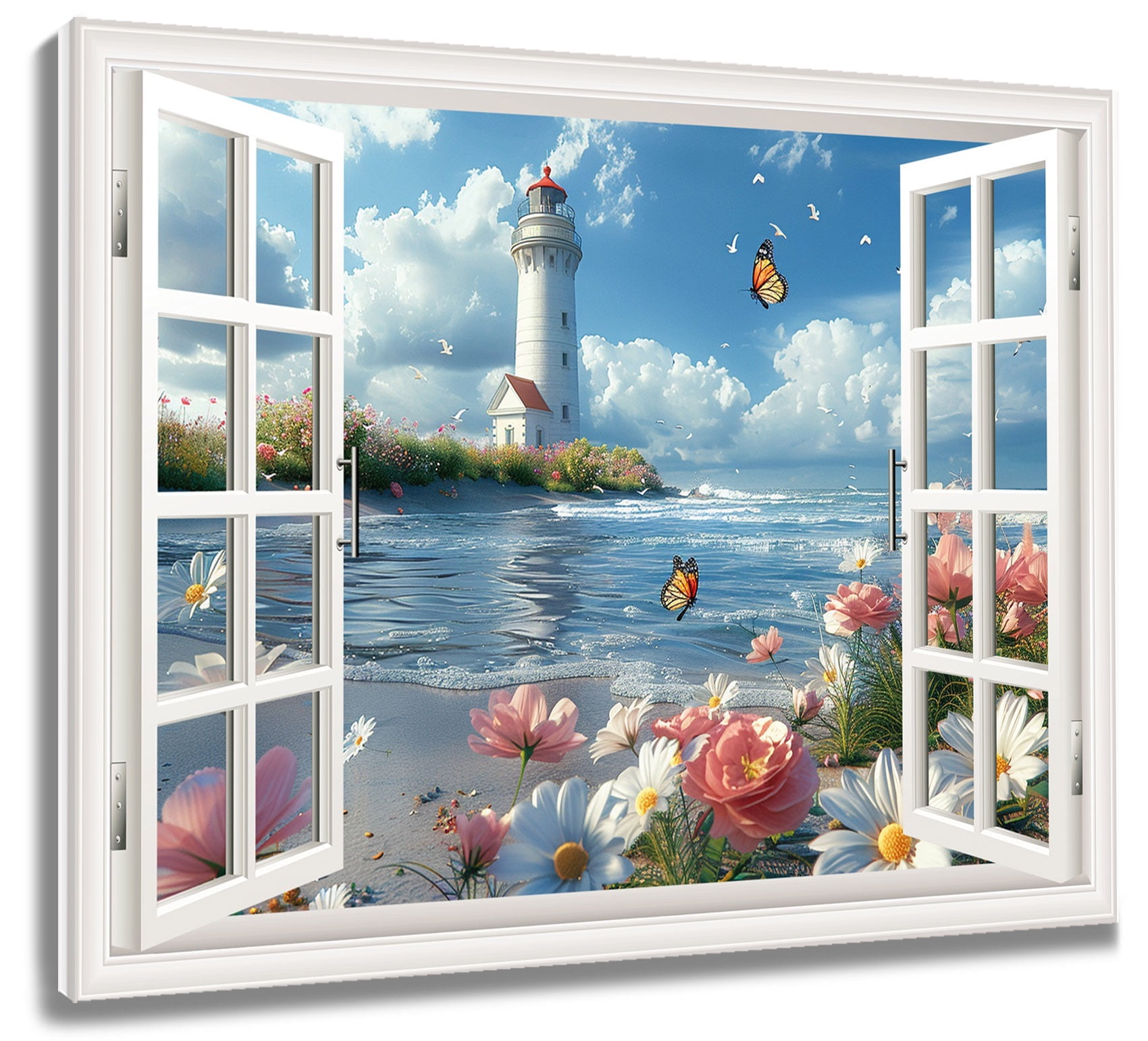 Beach Lighthouse Wall Art Daisy Floral with Butterfly on Blue Sky Coastal Canvas Wall Art Window ...