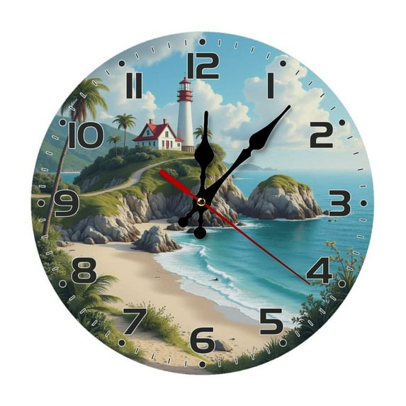 Beach Lighthouse Wall Clock 10 Inch Silent Non Ticking Round Wooden ...