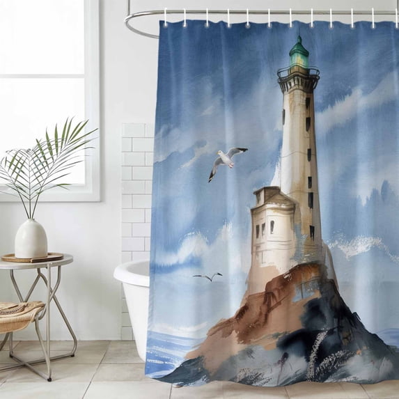 Beach Lighthouse Waterproof Fabric Shower Curtain,Coastal Ocean Sky ...
