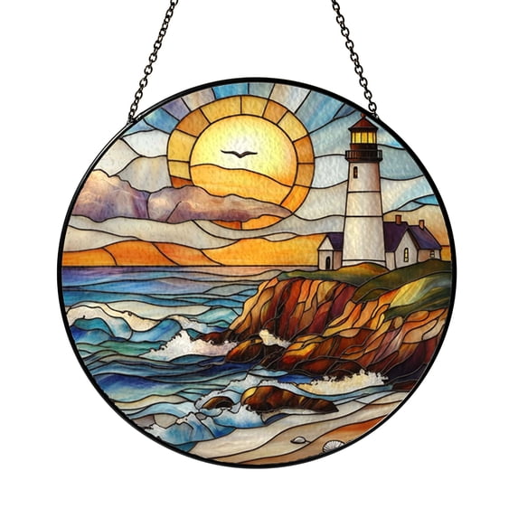 Beach Lighthouse and Wave Landscape Stained Glass Window Art - Walmart.com