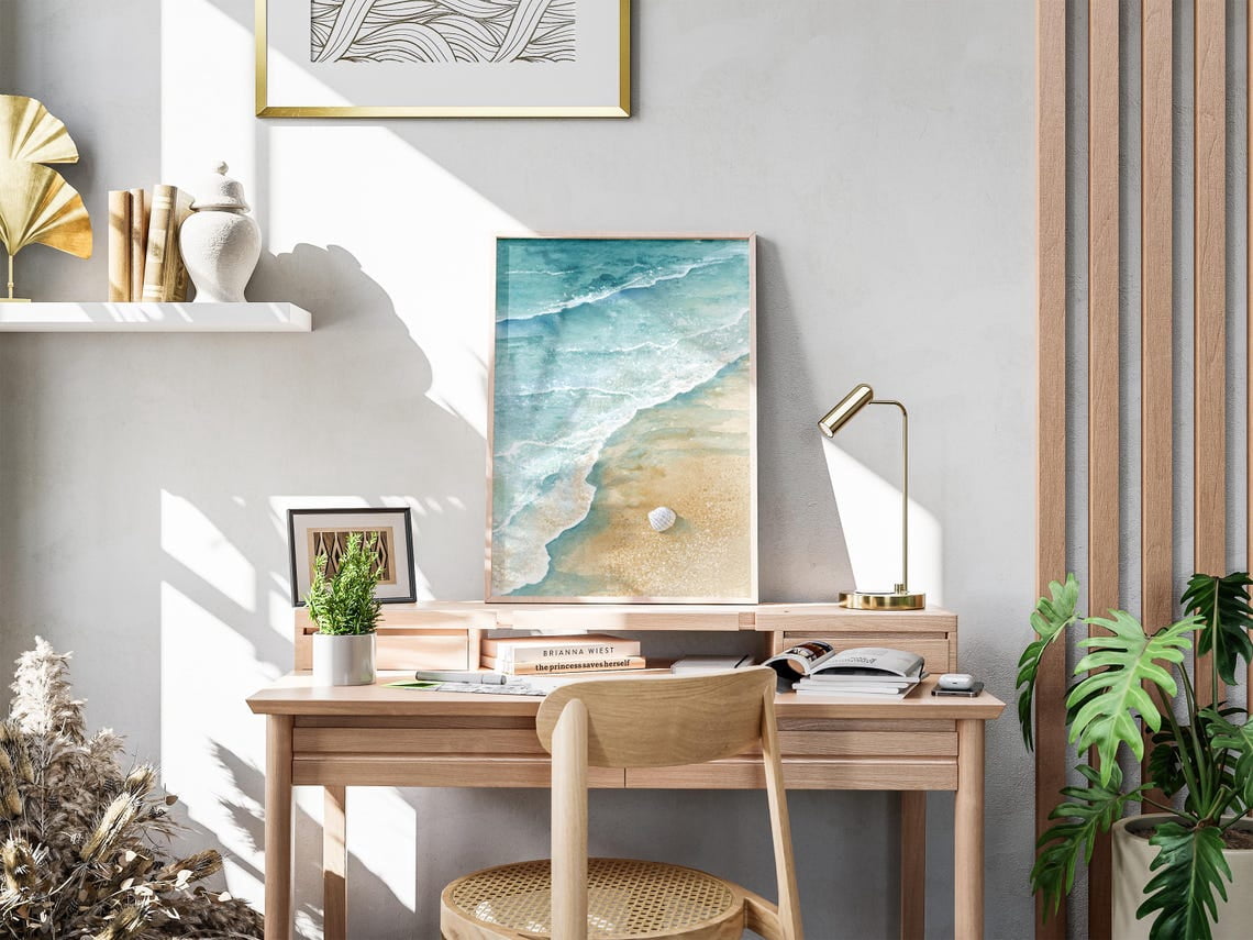 Beach Living Room Style Coastal Motif Blue Beige Ocean Wave Timeless ...