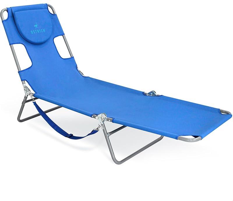 Beach Lounge Chair, Folding & Reclining Outdoor Chaise Lounger, Blue ...