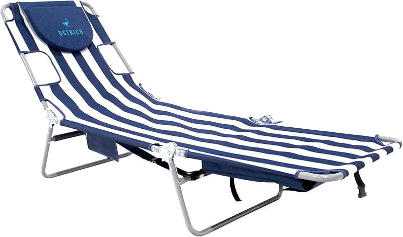 Beach Lounge Chair, Folding & Reclining Outdoor Chaise Lounger, Blue ...