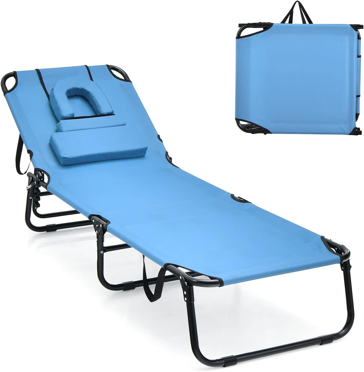 Beach Lounge Chair, Folding Sunbathing Recliner with Face Hole, Face ...