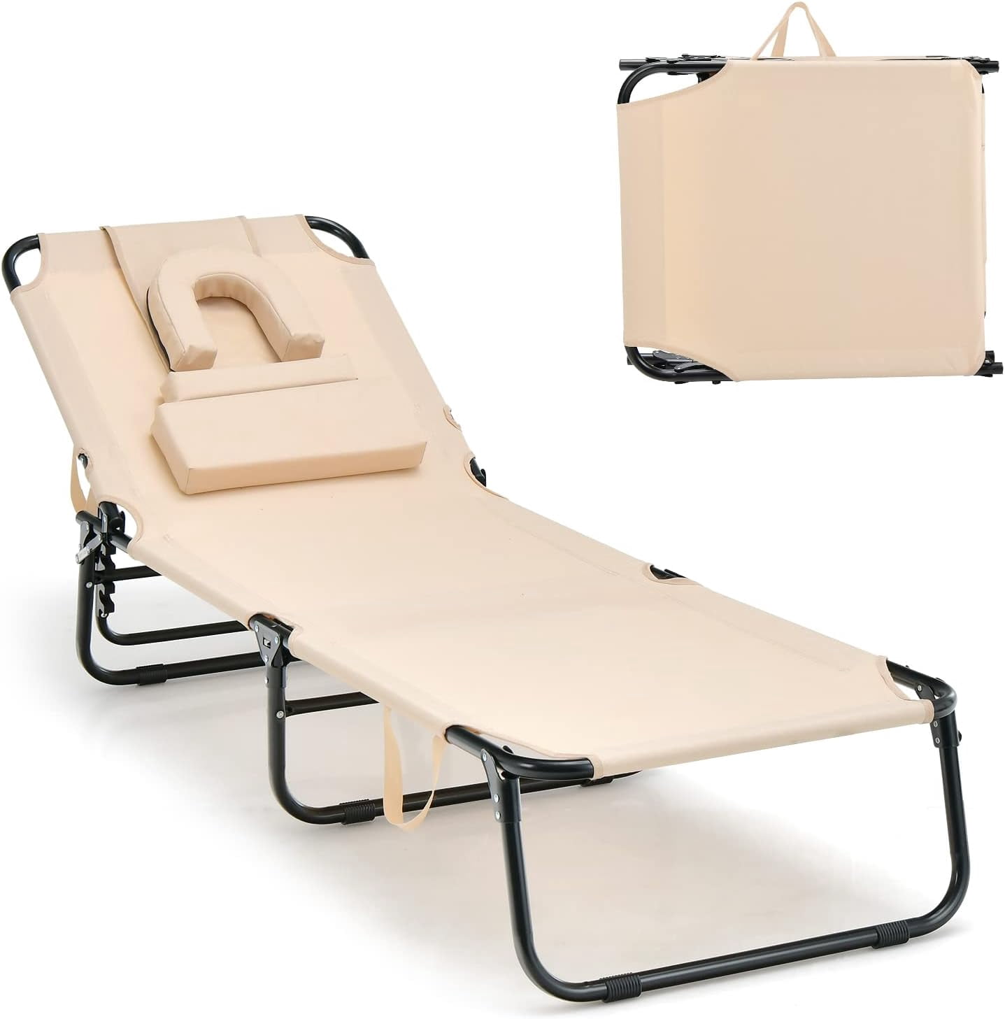 Beach Lounge Chair, Folding Sunbathing Recliner with Face Hole, Face ...