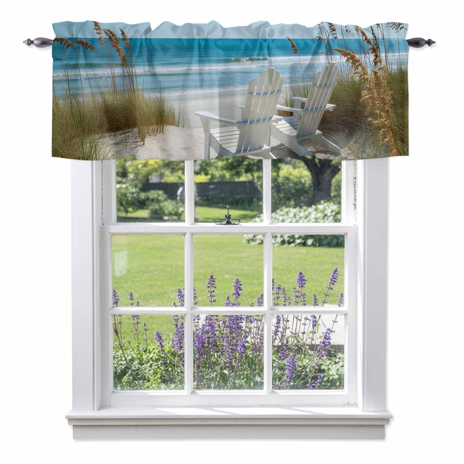 Beach Lounge Chairs Valances for Windows, Summer Blue Seaweed Ocean ...