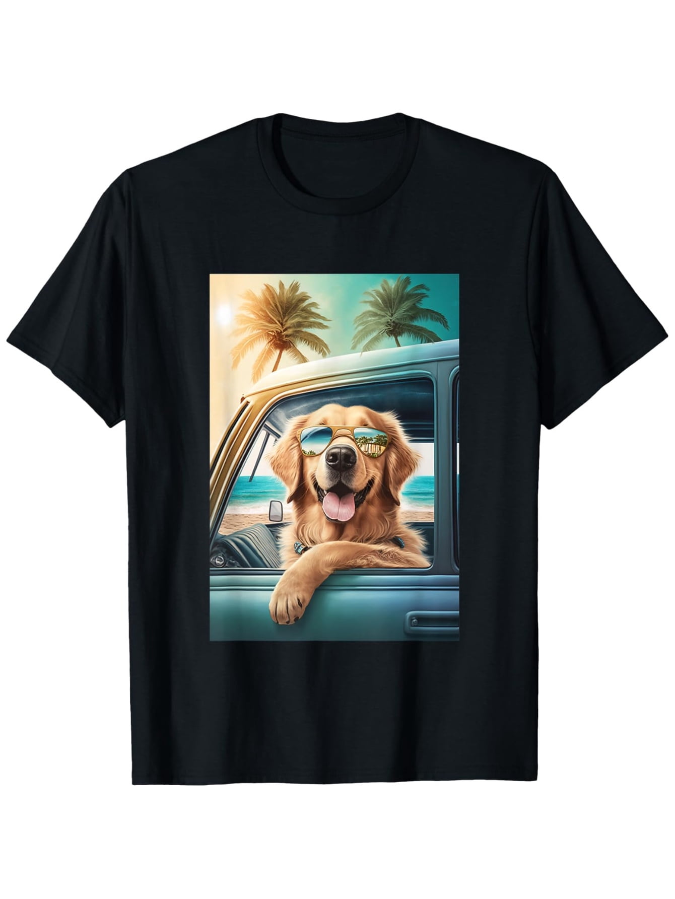 Beach Loving Golden Retriever in Sunglasses Hanging Out of a Vintage Van T Shirt Unisex Tee ...