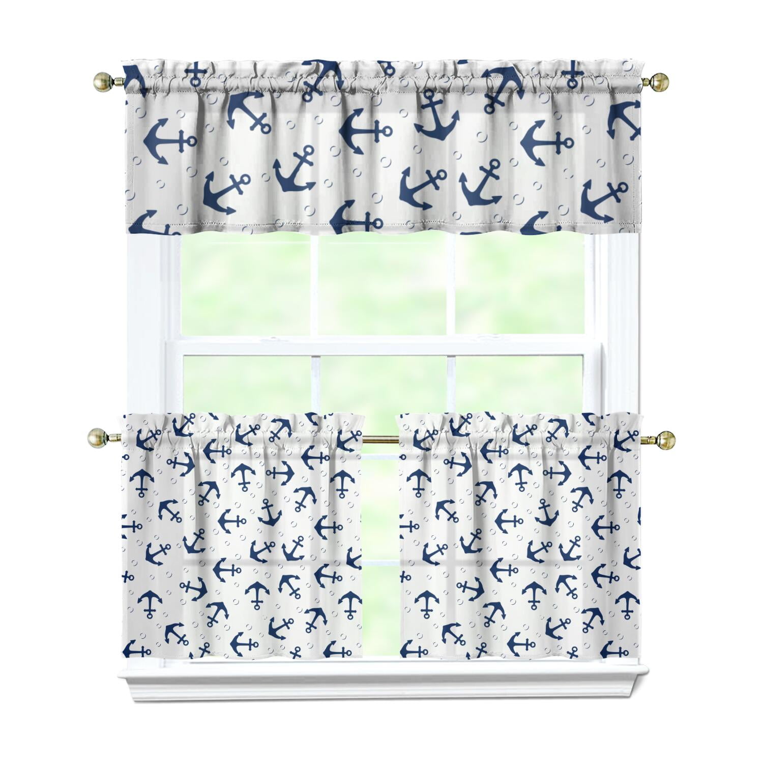 Beach Marine Kitchen Curtains Set Nautical Anchor Lighthouse Wave ...