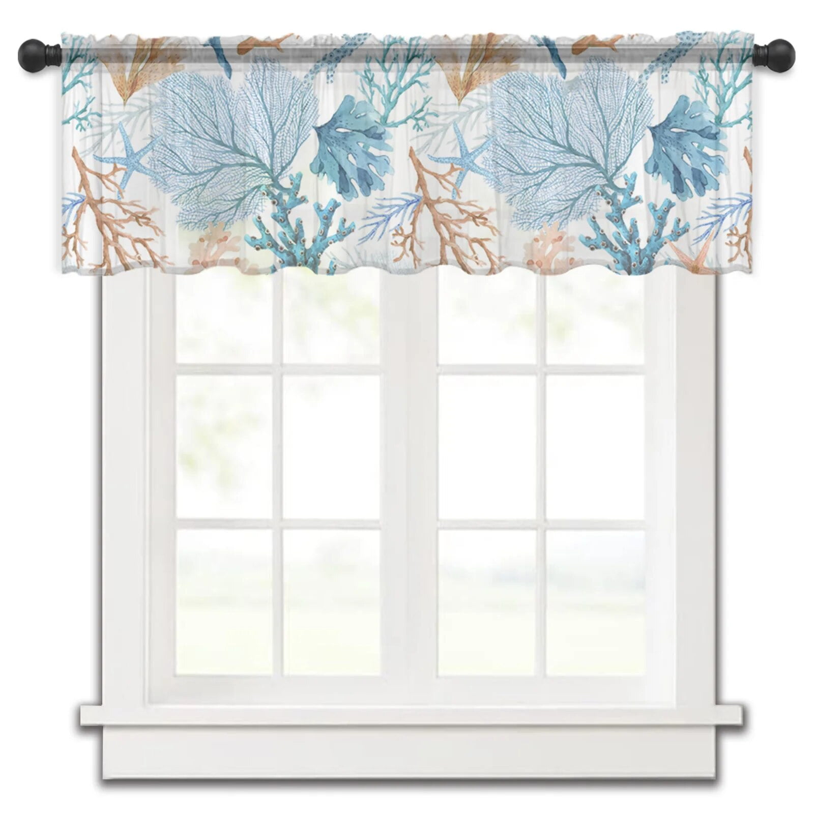 Beach Marine Life Blue Brown Coral Small Window Curtain Valance Sheer ...