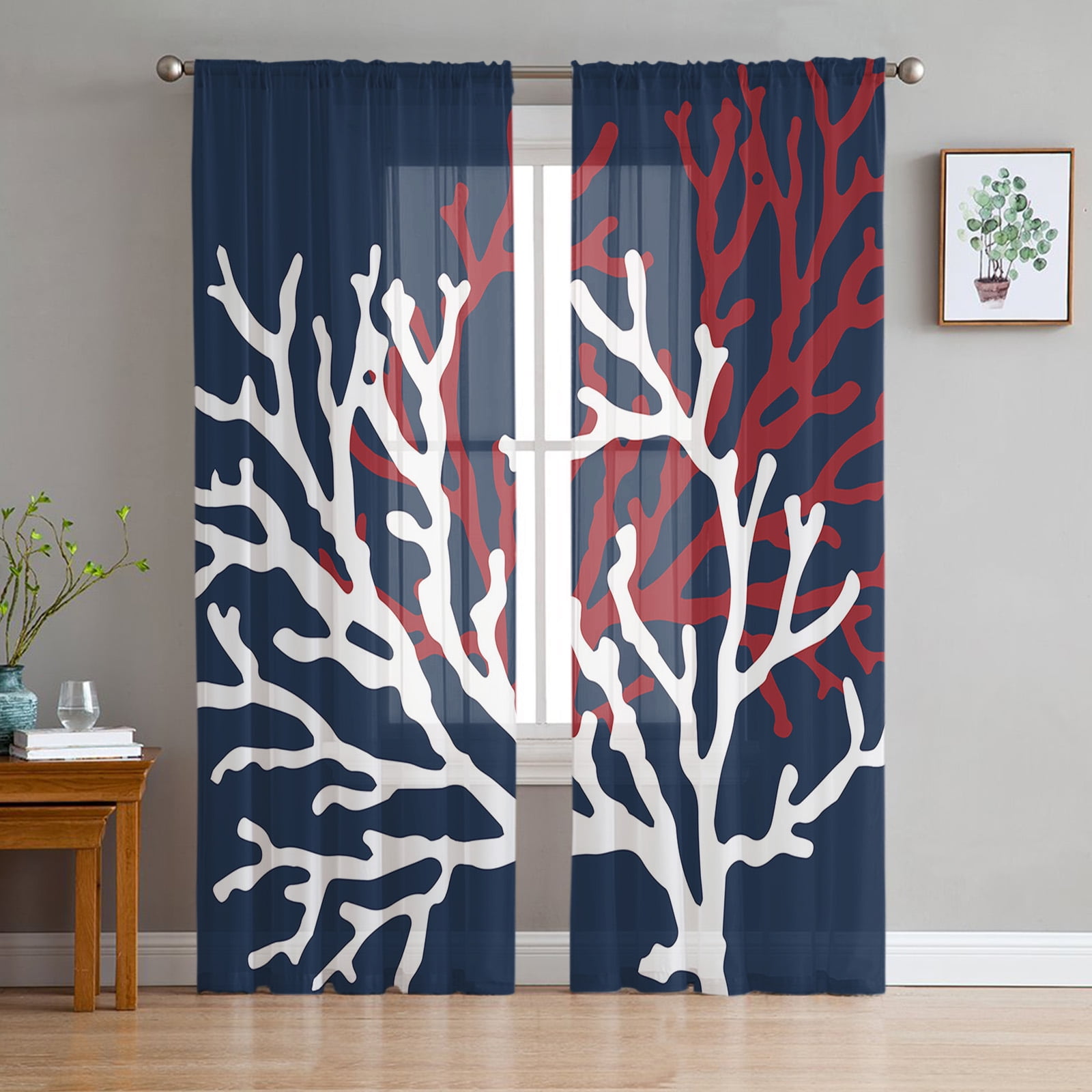 Beach Marine Life Blue Brown Coral Voile Sheer Curtains Living Room ...
