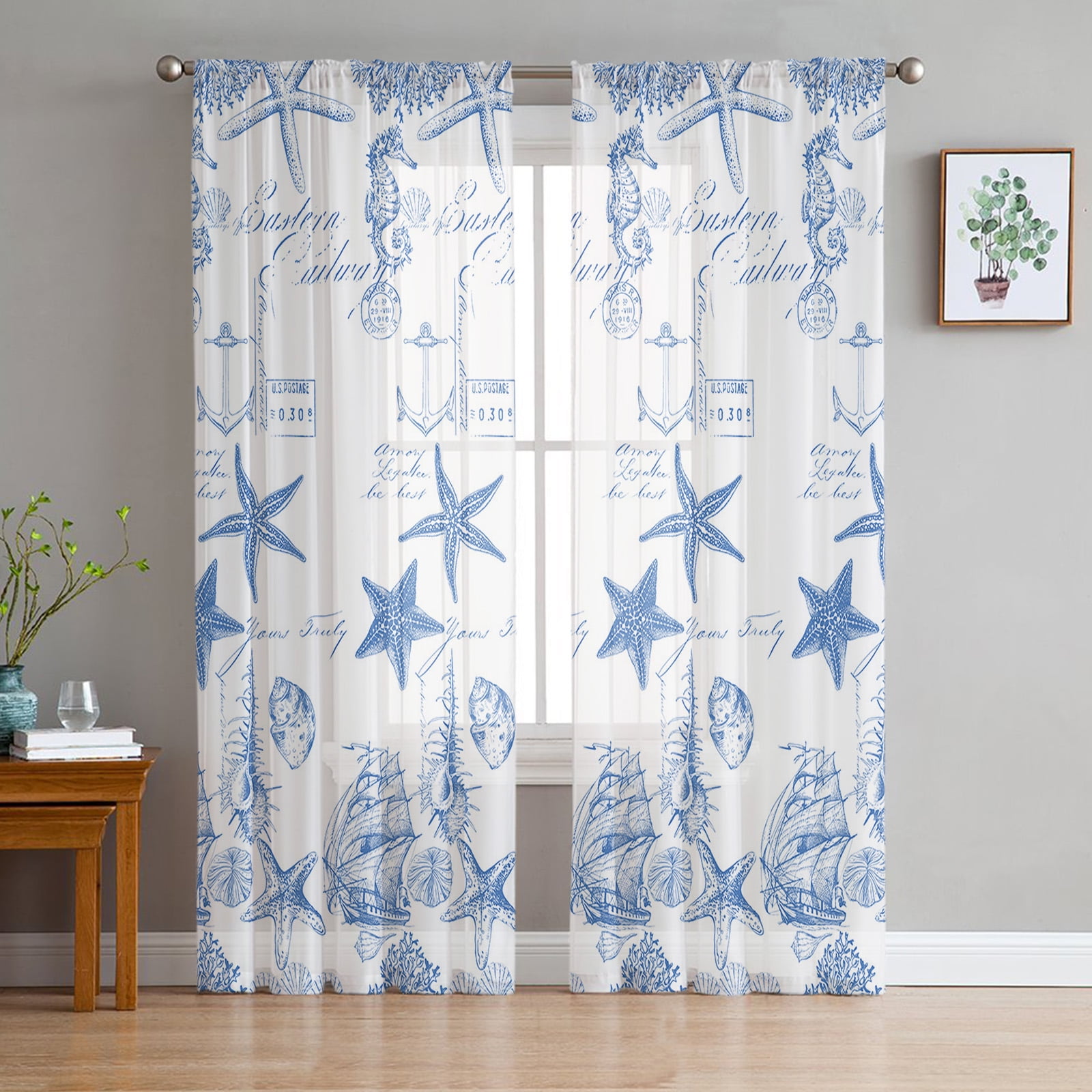 Beach Marine Life Blue Brown Coral Voile Sheer Curtains Living Room ...