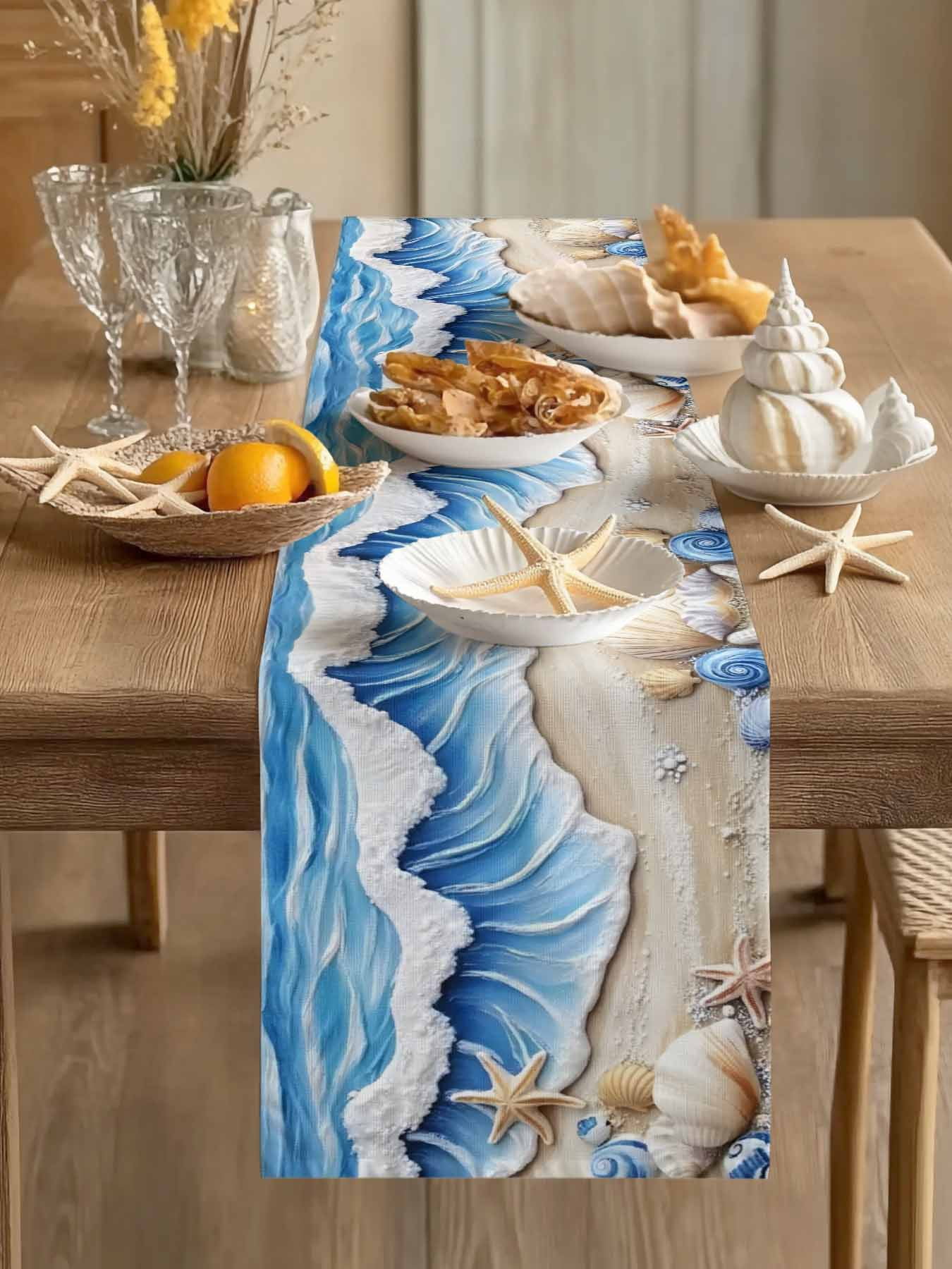 Beach Marine Life Starfish Shell Table Runner 13x90in Non-Slip Cotton ...
