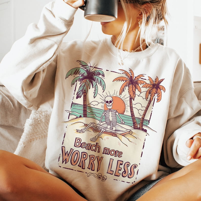 Beach More Worry Less Sweatshirt, Retro Summer Pullover, Palm and Sun ...