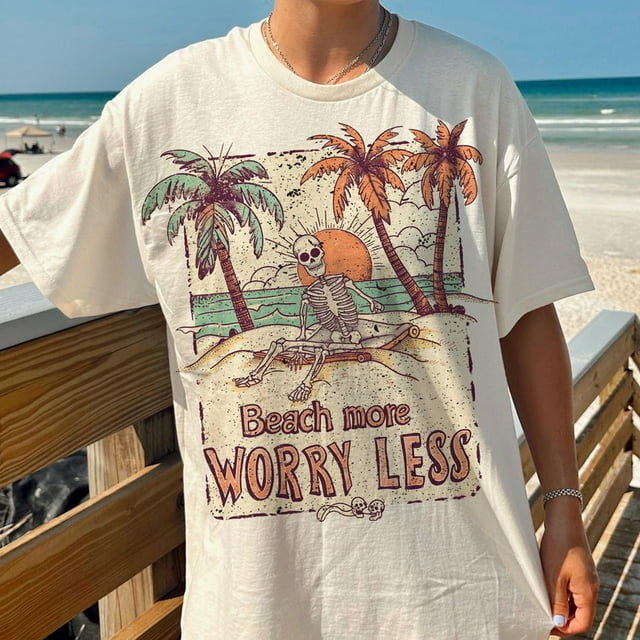 Beach More Worry Less T-Shirt, Retro Summer Vibes Tee, Palm Tree and ...