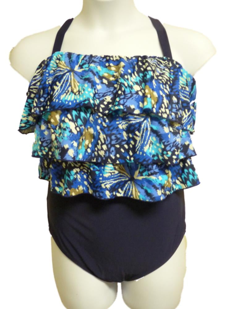 Beach Native Classic Womens Blue Ruffled 1 Piece Blouson Swimsuit Plus ...